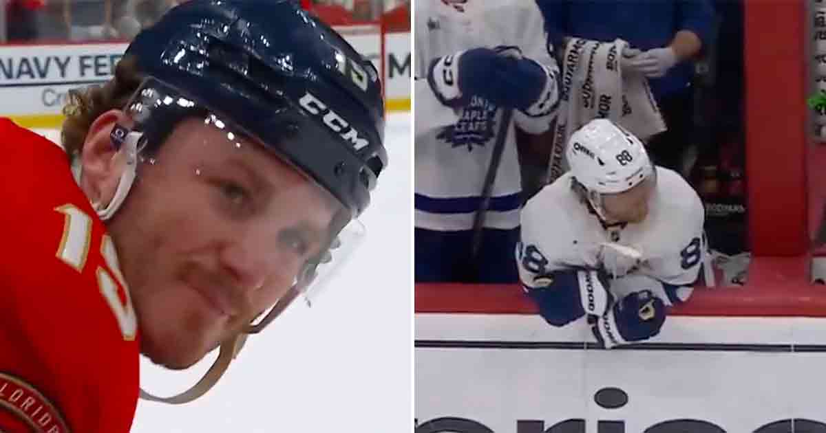 Matthew Tkachuk screams at William Nylander on the bench