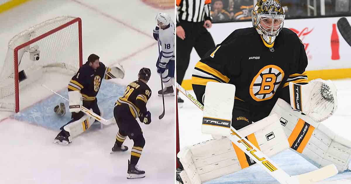 Jeremy Swayman’s priceless reaction to having his helmet shot off